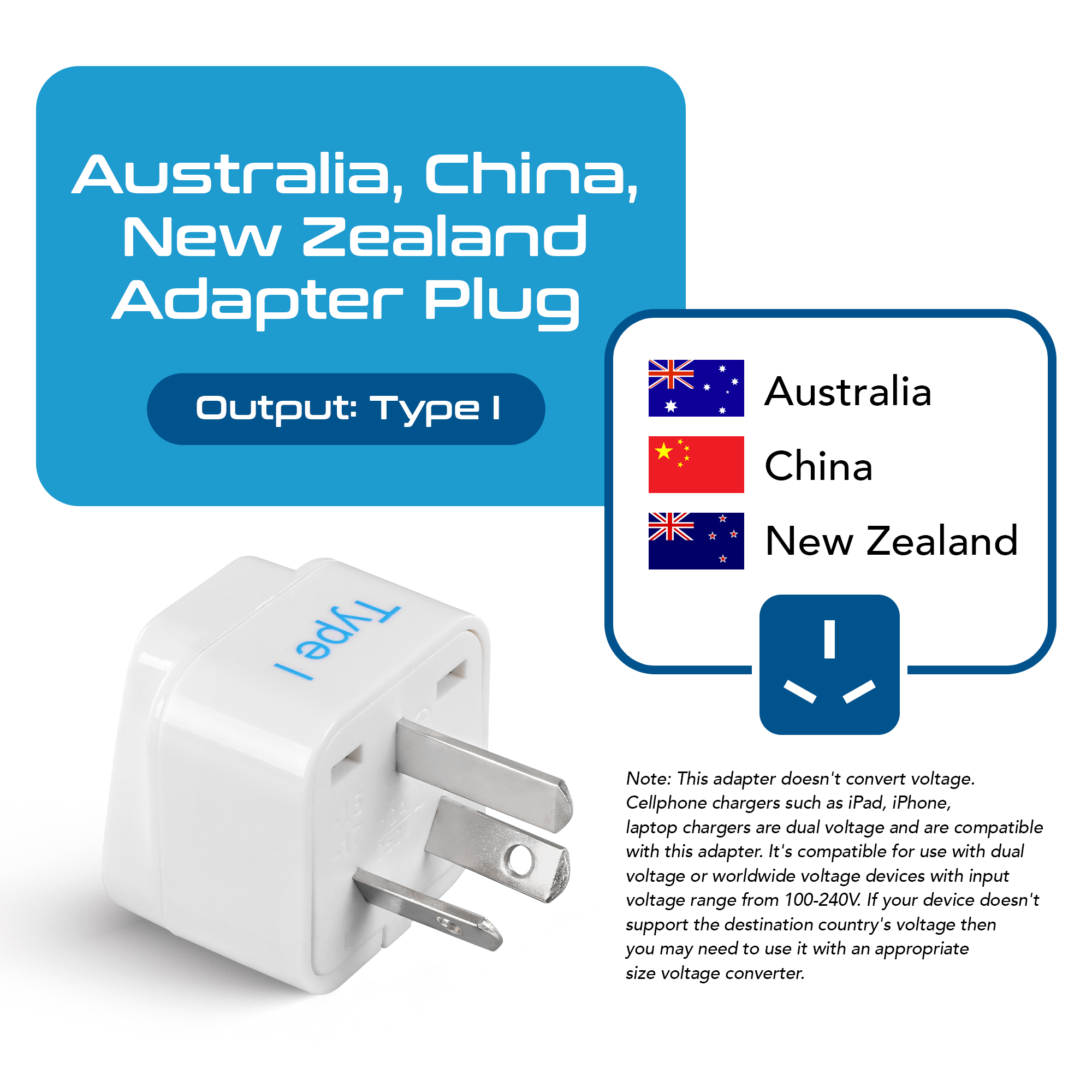 Australia, China travel adapter – Type I – CE & RoHS certified – GP-16 ...